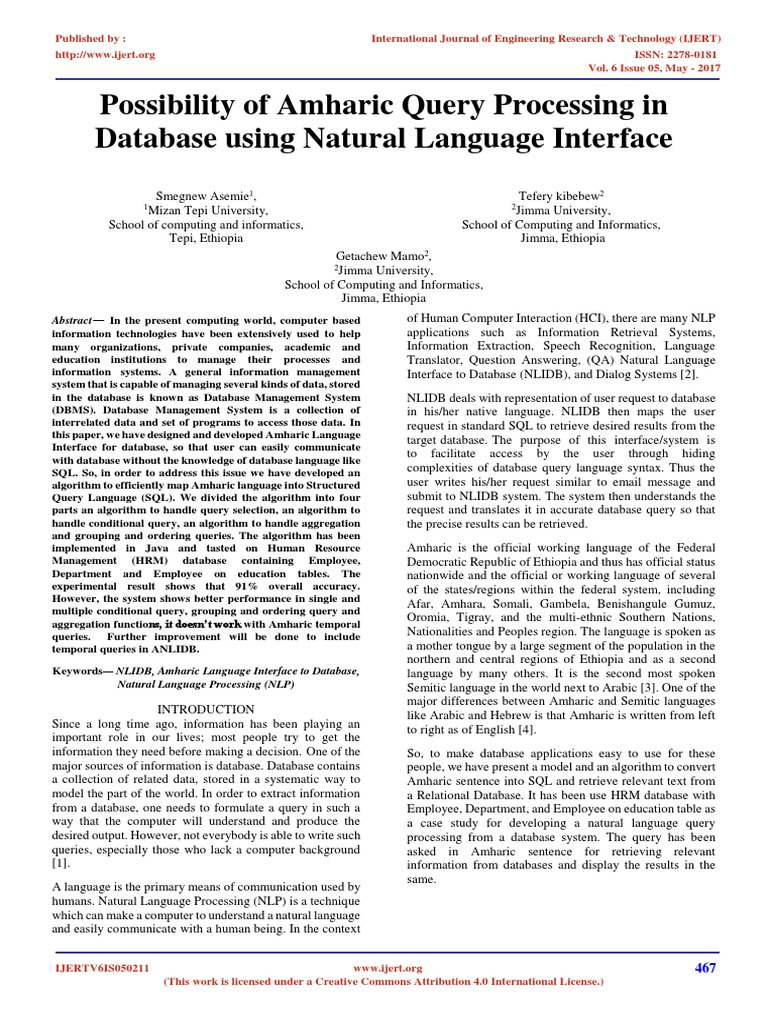 IJERT Possibility of Amharic Query Proce | PDF | Databases | Parsing