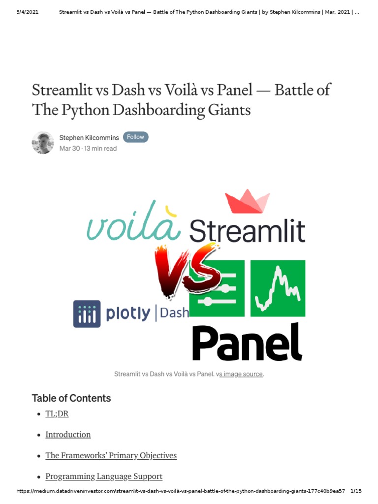 Streamlit Vs Dash Vs Voilà Vs Panel - Battle of The Python Dashboarding Giants - by Stephen ...