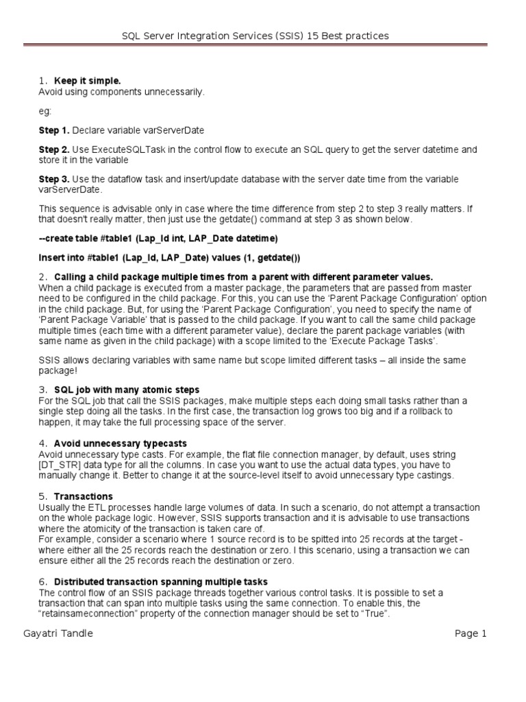 Sql Server Integration Services Ssis 15 Best Practices Pdf Database Transaction Sql