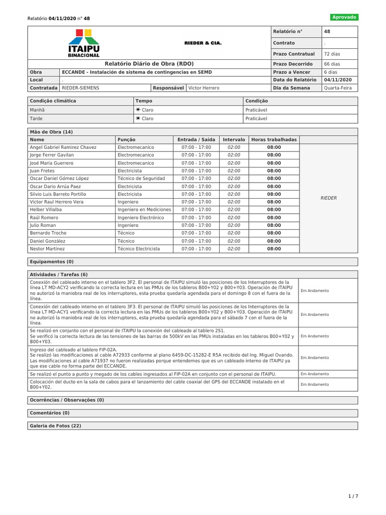 Relatório Diário de Obra (RDO) N° 48 - 04-11-2020 | PDF