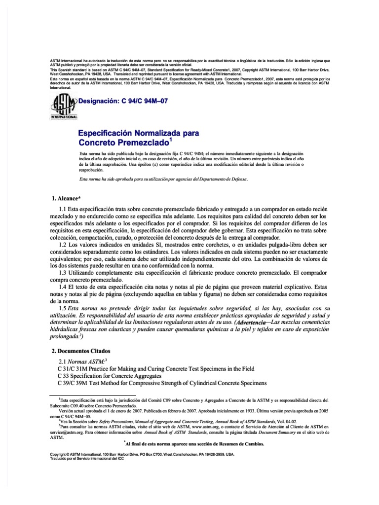 Astm C-94 - 07 Español | PDF | Hormigón | Cemento Astm C-94 - 07 Español | PDF | Hormigón | Cemento