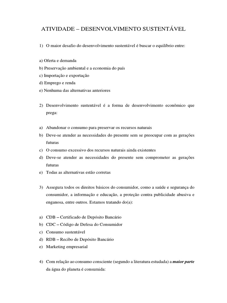 Atividade - Desenvolvimento Sustentável | PDF | Sustentabilidade | Economia