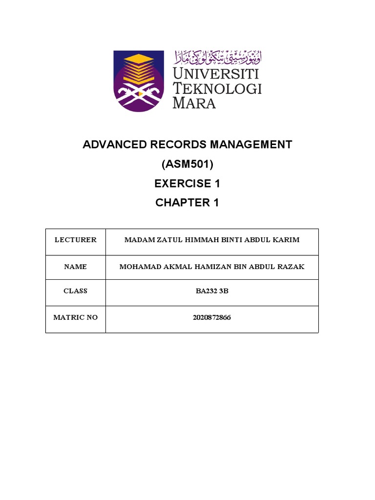 ASM501 EXERCISE 1 CHAPTER 1 RECORDS MANAGEMENT | PDF | Records Management | Goal