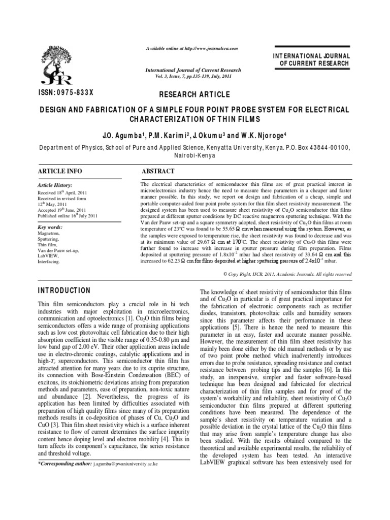 Design and Fabrication of A Simple Four Point Probe | PDF | Thin Film ...