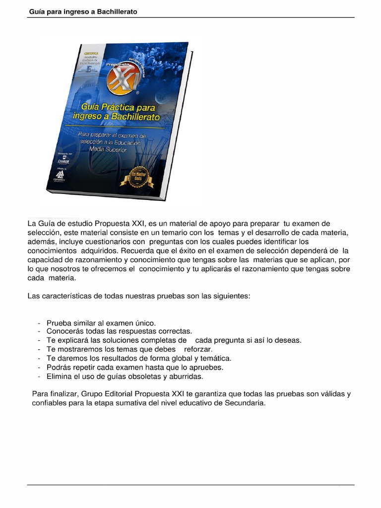 Guía Propuesta XXI para Ingreso A Bachillerato COMIPEMS 2021 | PDF