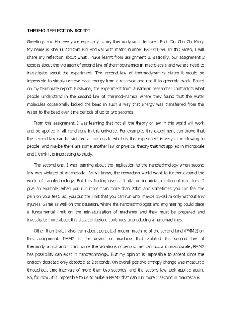 Thermo Reflection Script | PDF | Second Law Of Thermodynamics | Laws Of Thermodynamics