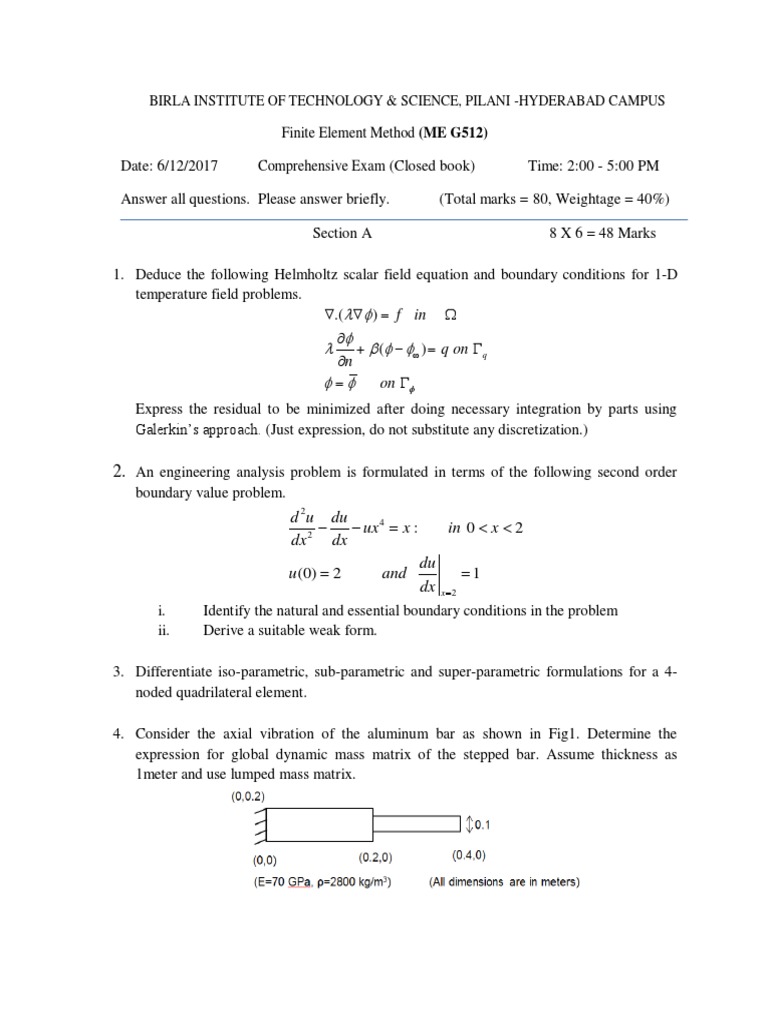 Finite Element Method (ME G512) Comprehensive Exam: Birla Institute of ...