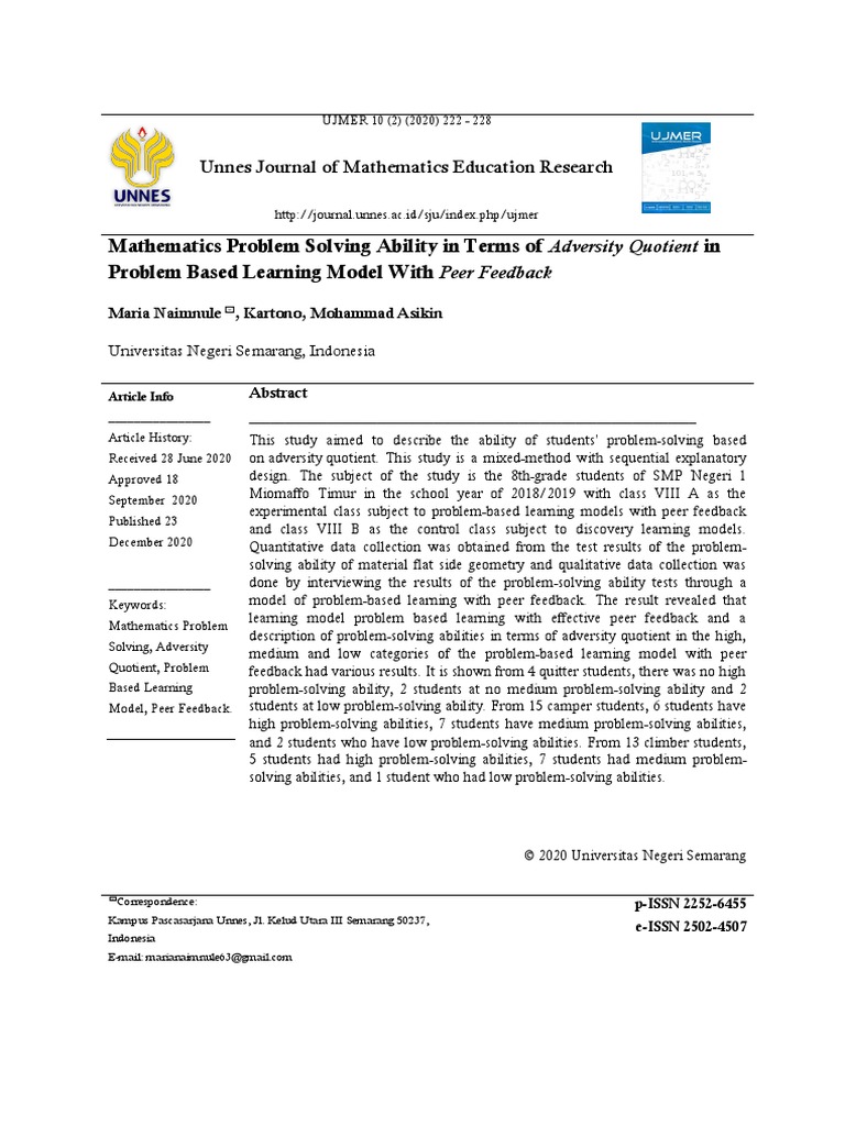 Mathematics Problem Solving Ability in Terms of Adversity Quotient in ...