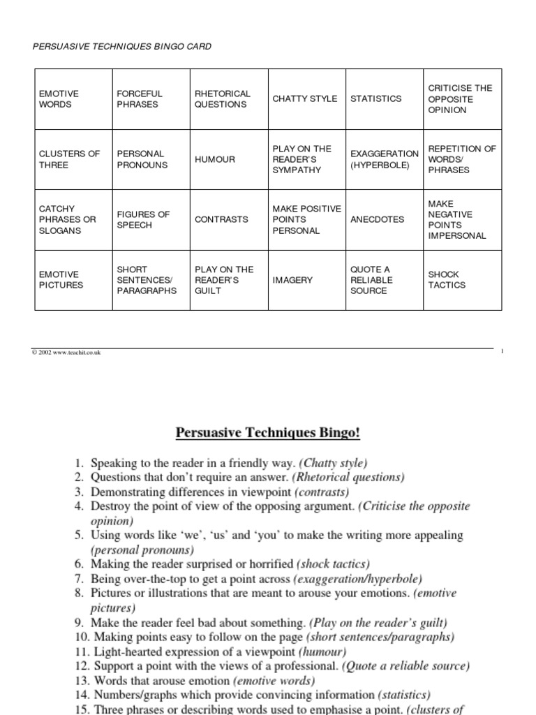 Persuasive Techniques Bingo Card | PDF | Rhetoric | Human Communication