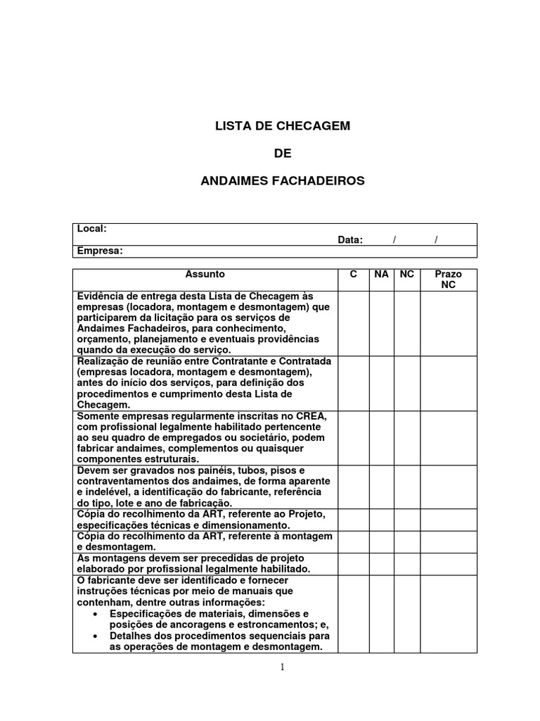 Lista de Checagem para Andaimes Fachadeiros | PDF