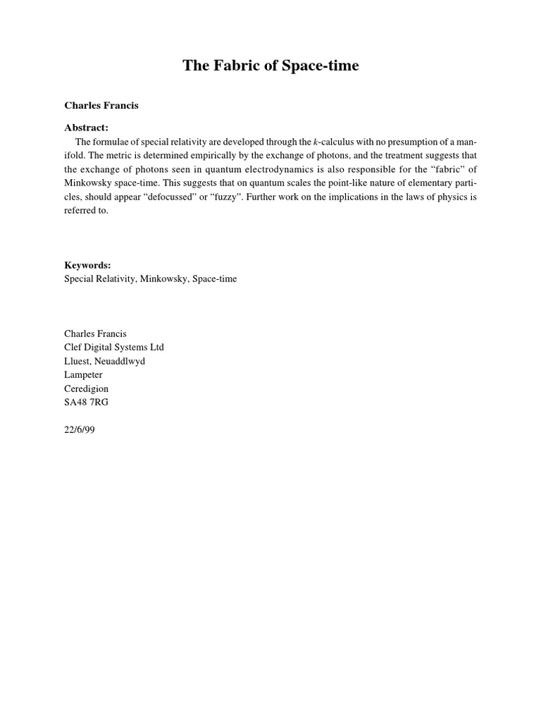 The Fabric of Space-Time: Charles Francis Abstract | PDF | Spacetime ...