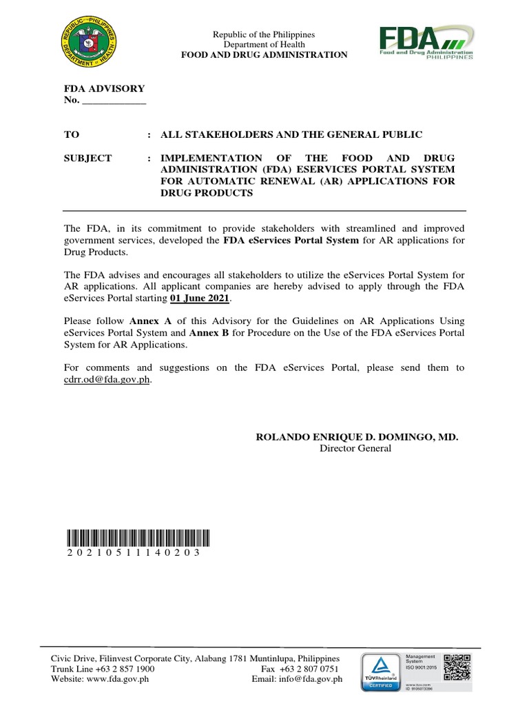 Republic of The Philippines Department of Health: Food and Drug ...