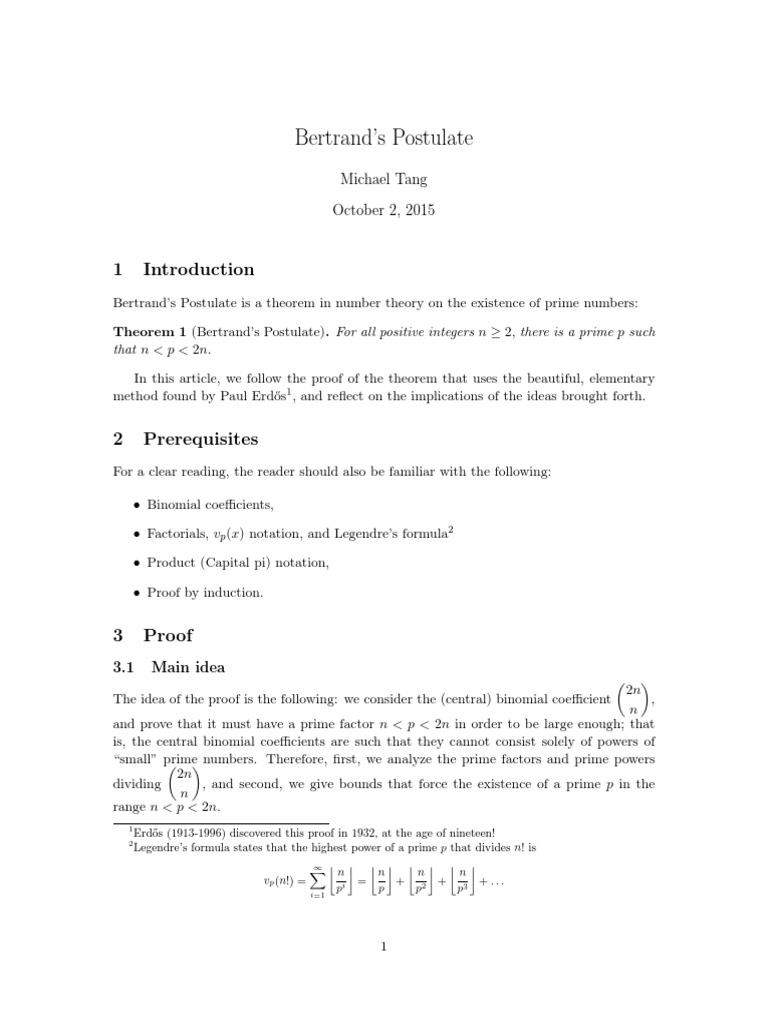 Bertrand's Postulate Proof - Michael Tang | PDF | Prime Number ...