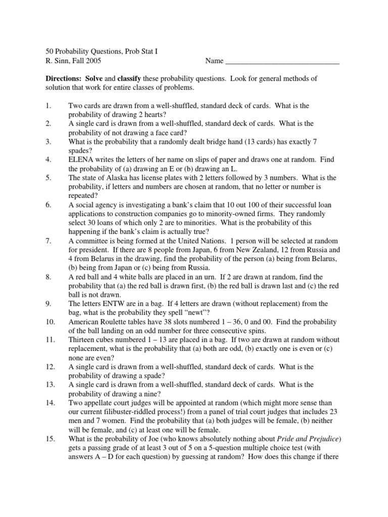 50 Probability Questions | PDF | Probability | Dice