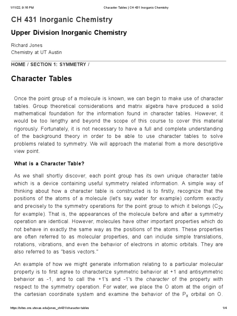 Character Tables - CH 431 Inorganic Chemistry | PDF | Group ...
