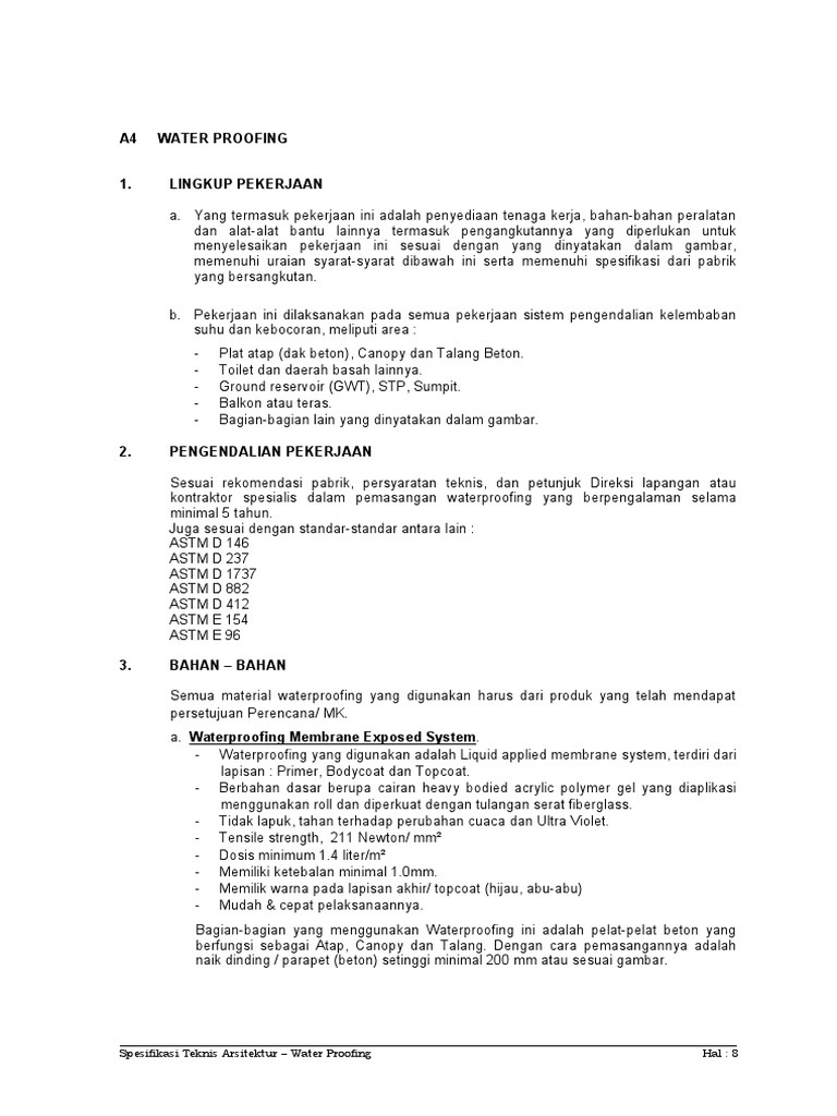 Spesifikasi Waterproofing Formdex Plus | PDF
