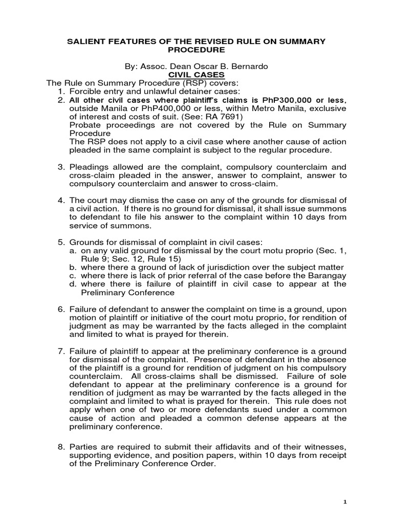 Salient Features of The Revised Rule On Summary Procedure | PDF | Lawsuit | Complaint