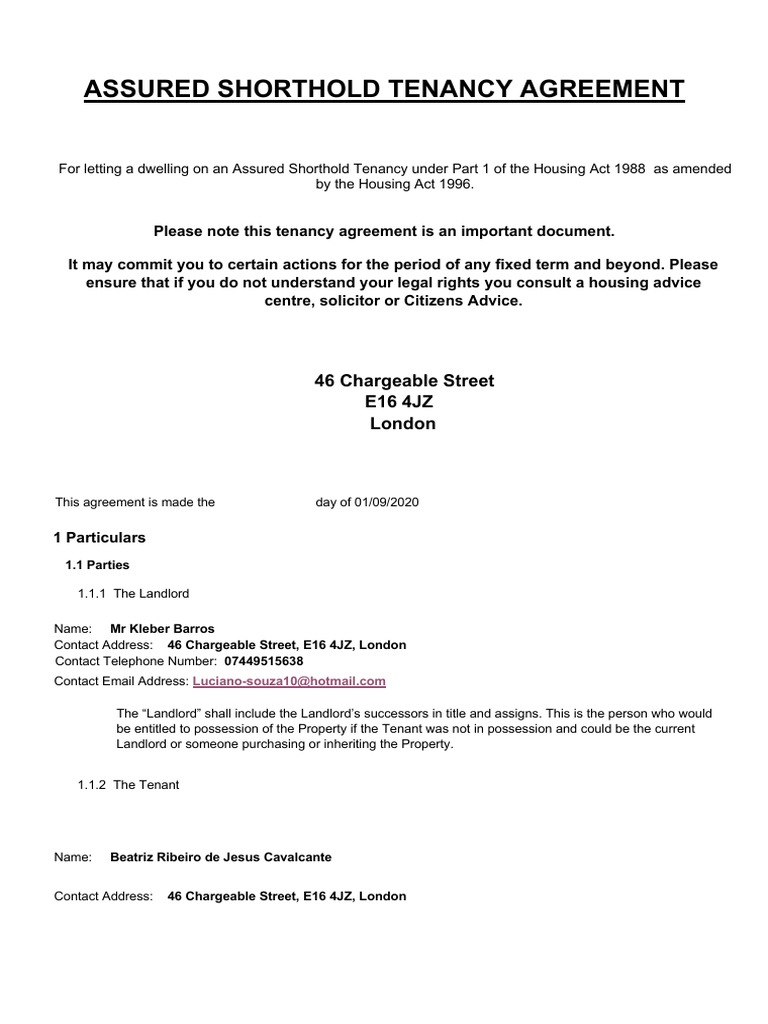 Assured Shorthold Tenancy Agreement: 46 Chargeable Street E16 4JZ London | Download Free PDF ...