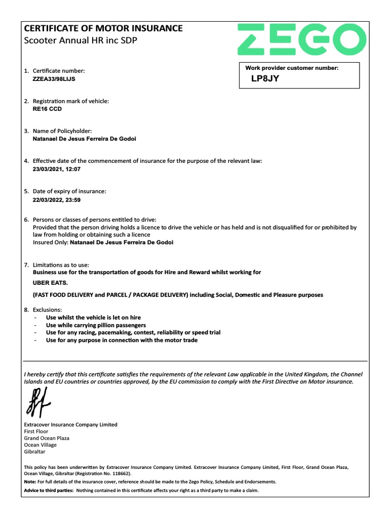 ZEGO-CERTIFICATE-Natanael de Jesus Ferreira de Godoi-2021 | PDF | Vehicle Insurance | Insurance