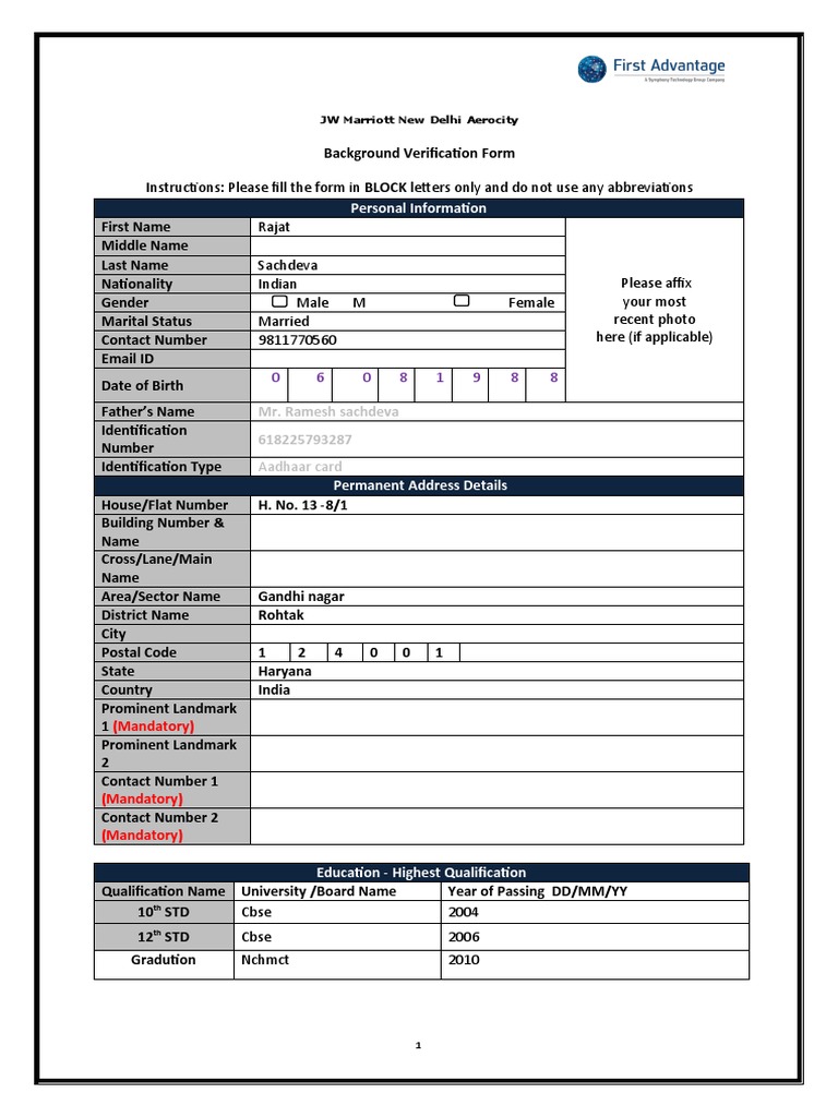 Fadv BGV Form and Loa | PDF | Employment | Common Law