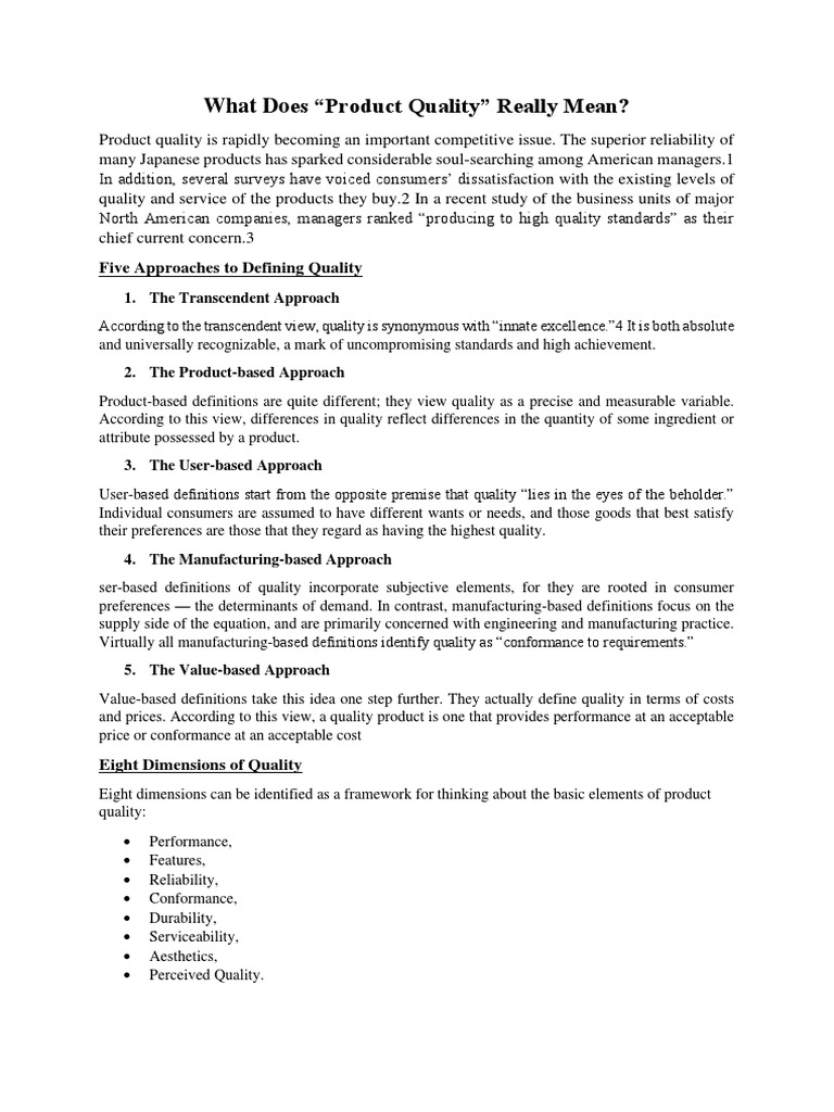 What Does "Product Quality" Really Mean?: Five Approaches To Defining ...