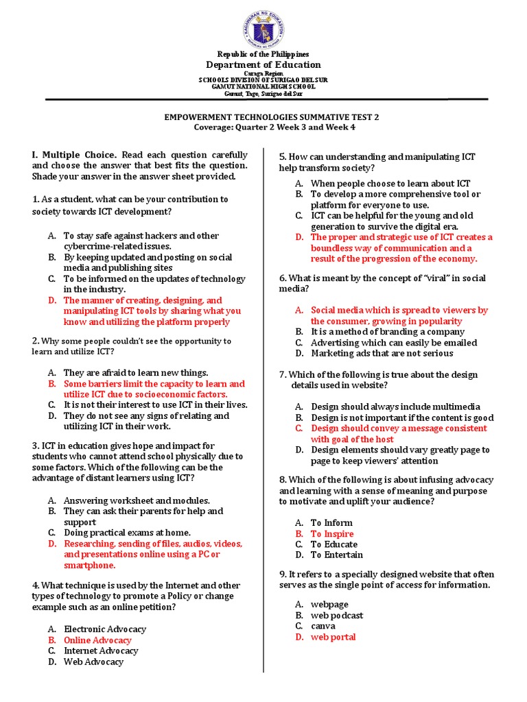 Empowerment Technologies - q2 Summative Test 2 15 Items Answers Key ...