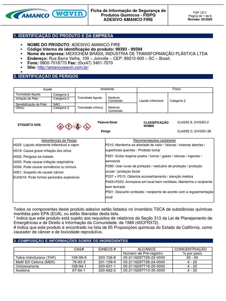 FSP 1211 - Vers o 01 - ADESIVO AMANCO FIRE | PDF | Solvente | Solubilidade