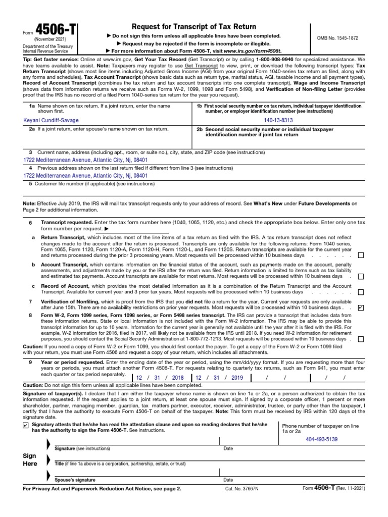 Form 4506-T (Rev. 11-2021) | PDF | Irs Tax Forms | Tax Return (United ...
