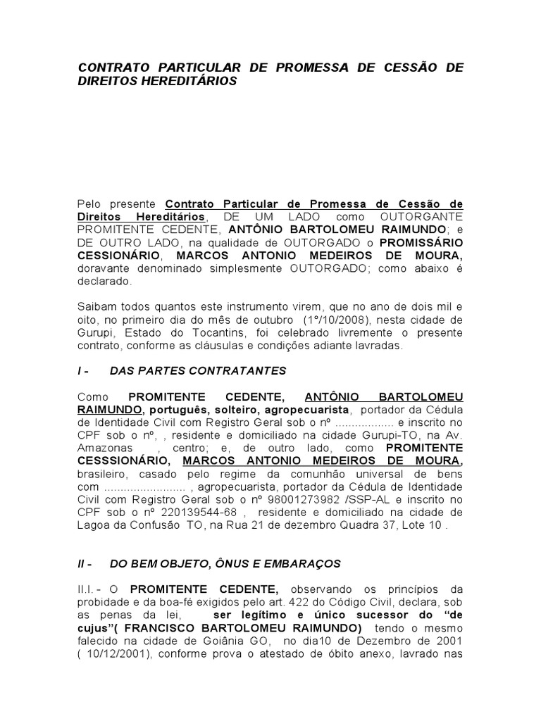 Contrato Particular De Promessa De Cessão De Direitos Hereditários