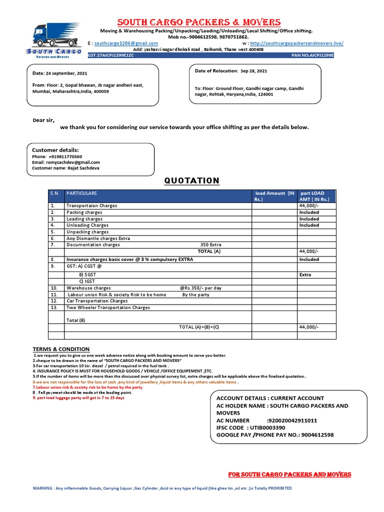 South Cargo Packers & Movers: Quotation | PDF | Cargo | Transport