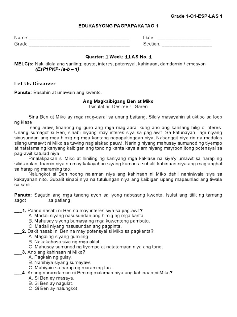Grade 1-Q1-ESP-LAS 1 | PDF