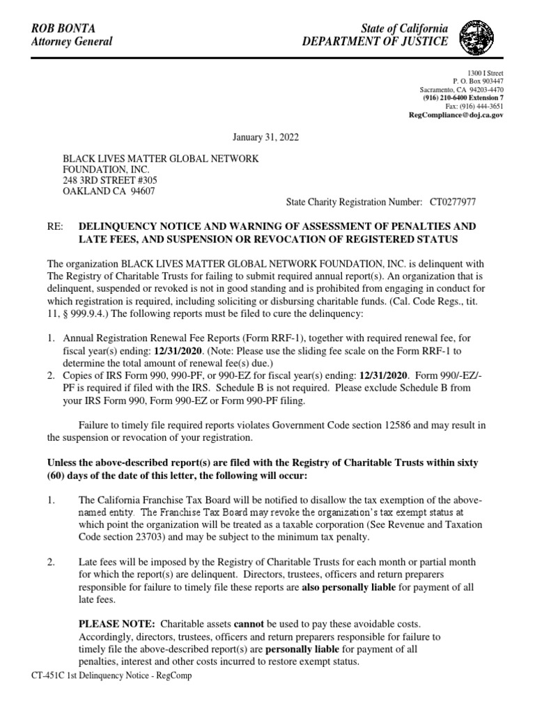 California Delinquency Notice | PDF | Taxes | Charitable Organization