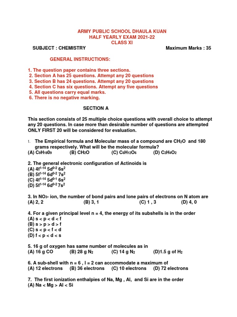 Class 11 Chemistry Sample Paper | PDF | Materials | Quantum Mechanics