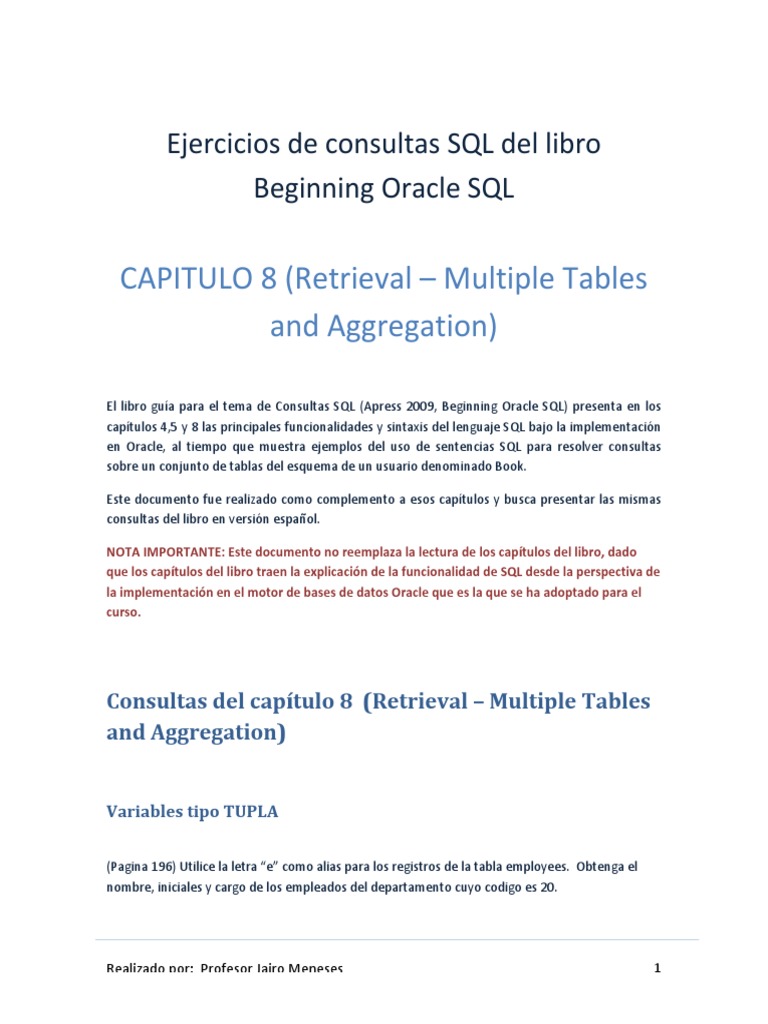 Ejercicios de Consultas SQL Del Libro Beginning Oracle SQL (Capitulo 8) | PDF | SQL | Informática