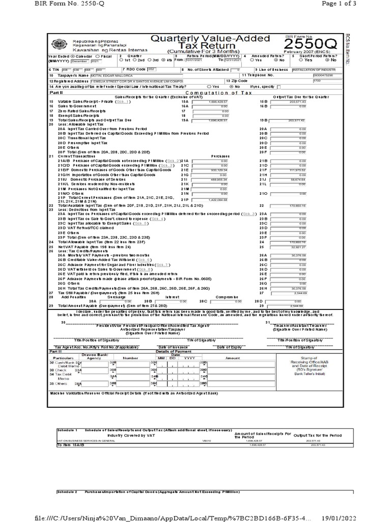 CARELIFT - BIR Form 2550Q VAT RETURN - 4Q 2021 | PDF | Value Added Tax | Taxes