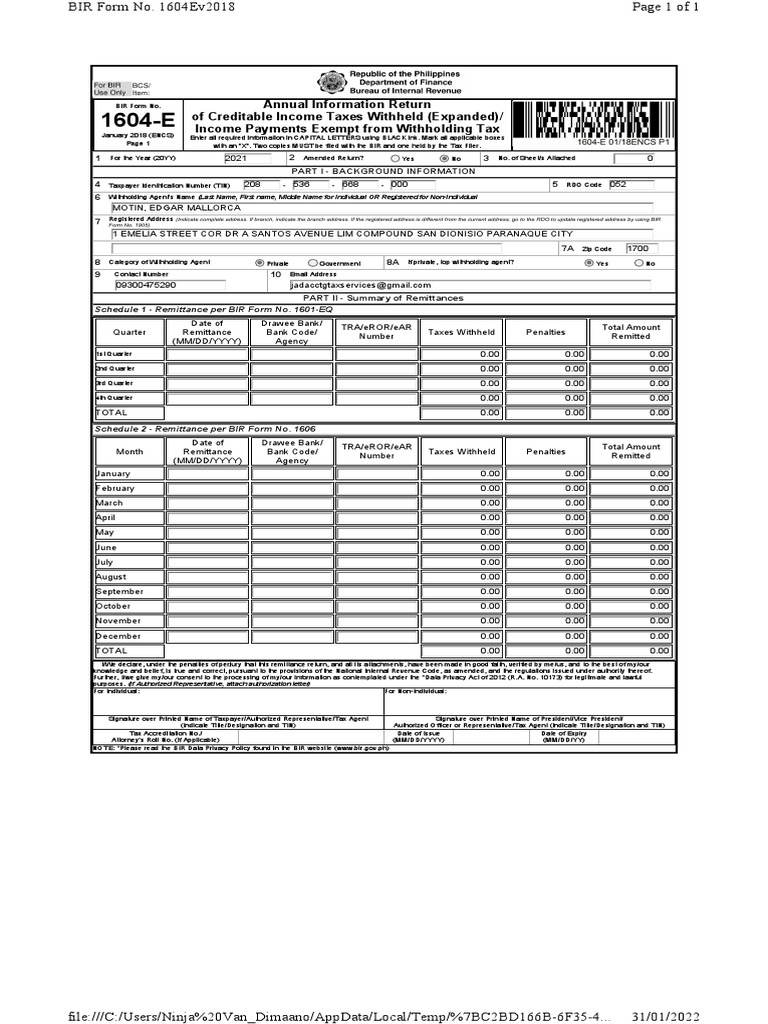 CARELIFT - BIR Form No. 1604E 2021 | PDF | Public Law | Economies