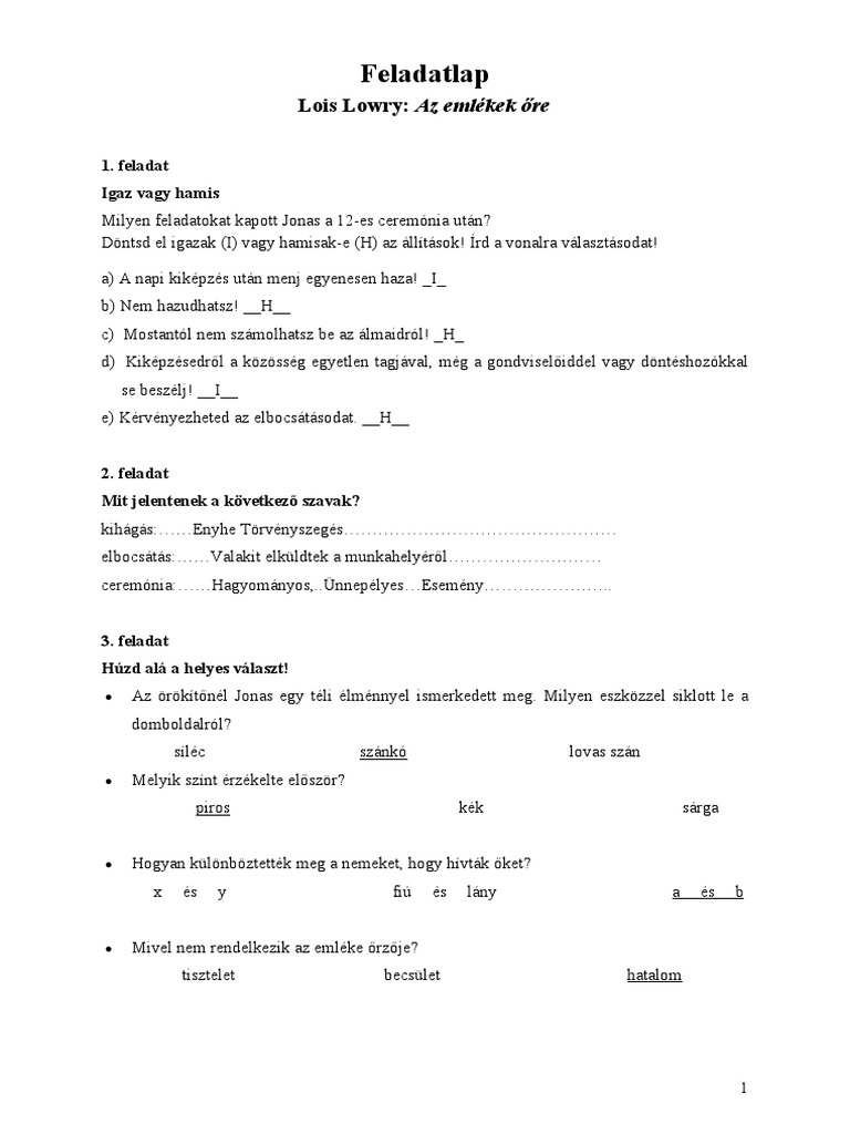 Feladatlap Megoldva-Lois-Lowry-Az-emlékek-őre | PDF