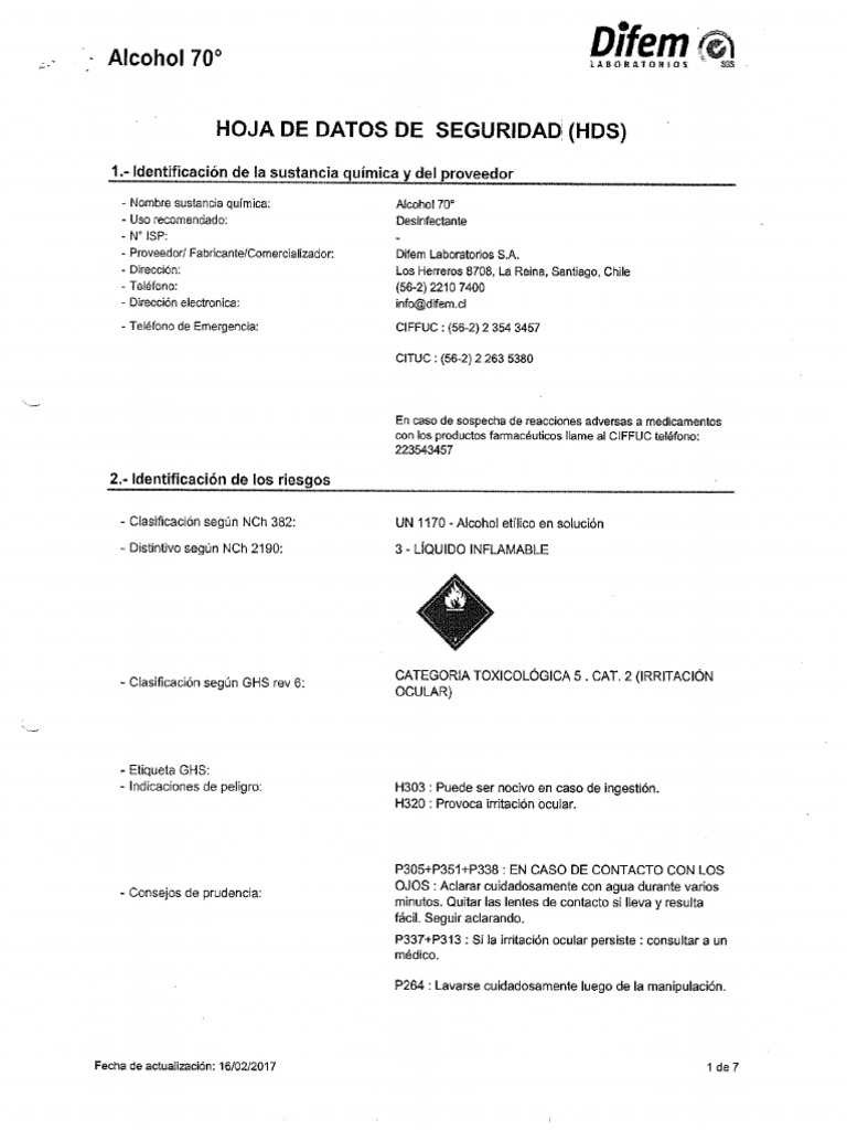 Hoja de Seguridad Alcohol 70 | PDF