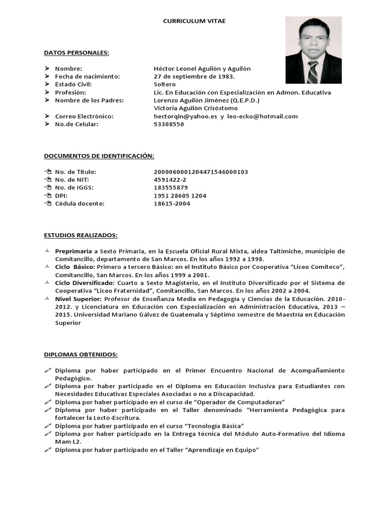 Curriculum Vitae Hector Leonel Aguil N y Aguil N | PDF | Maestros | Aprendizaje