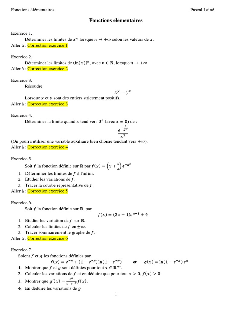 Exercices Corriges Fonctions Usuelles | PDF | Limite (mathématiques ...