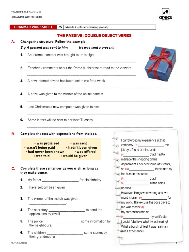 The Passive: Double Object Verbs: E.g.A Present Was Sent To Him. He Was Sent A Present | PDF ...
