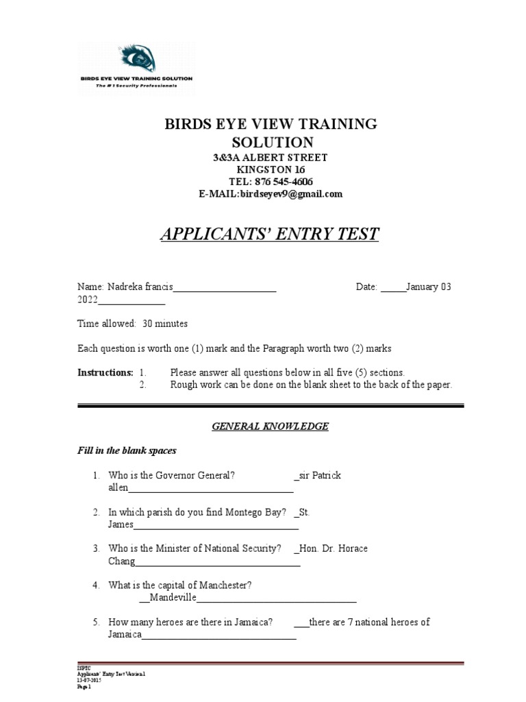 Applicants' Entry Test: Birds Eye View Training Solution | PDF