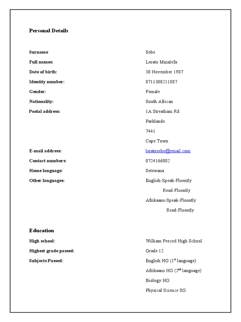 Personal Details: Surname Full Names: Date of Birth: Identity Number ...