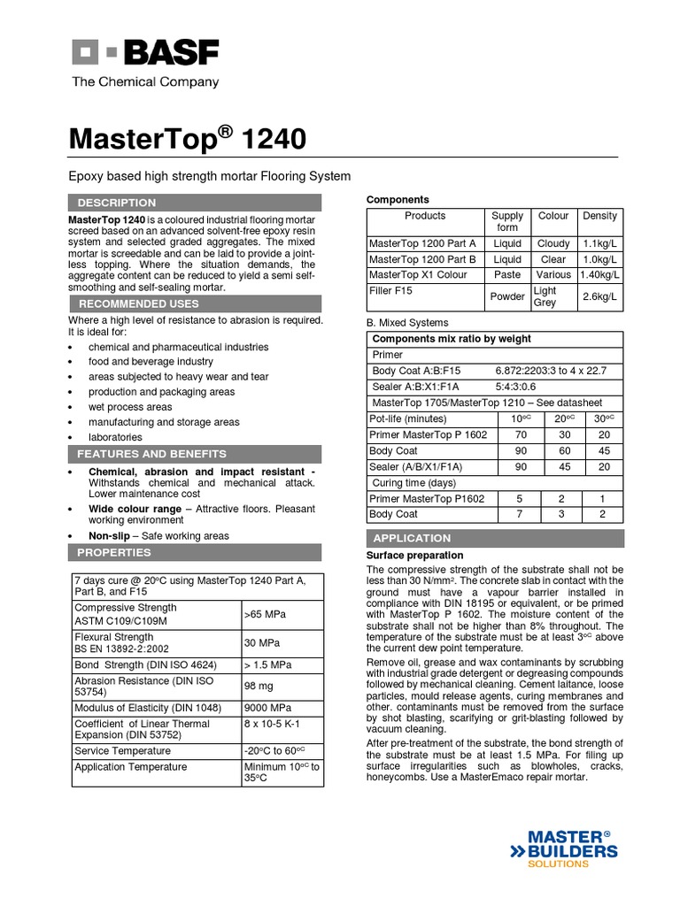 Mastertop 1240: Epoxy Based High Strength Mortar Flooring System | PDF ...