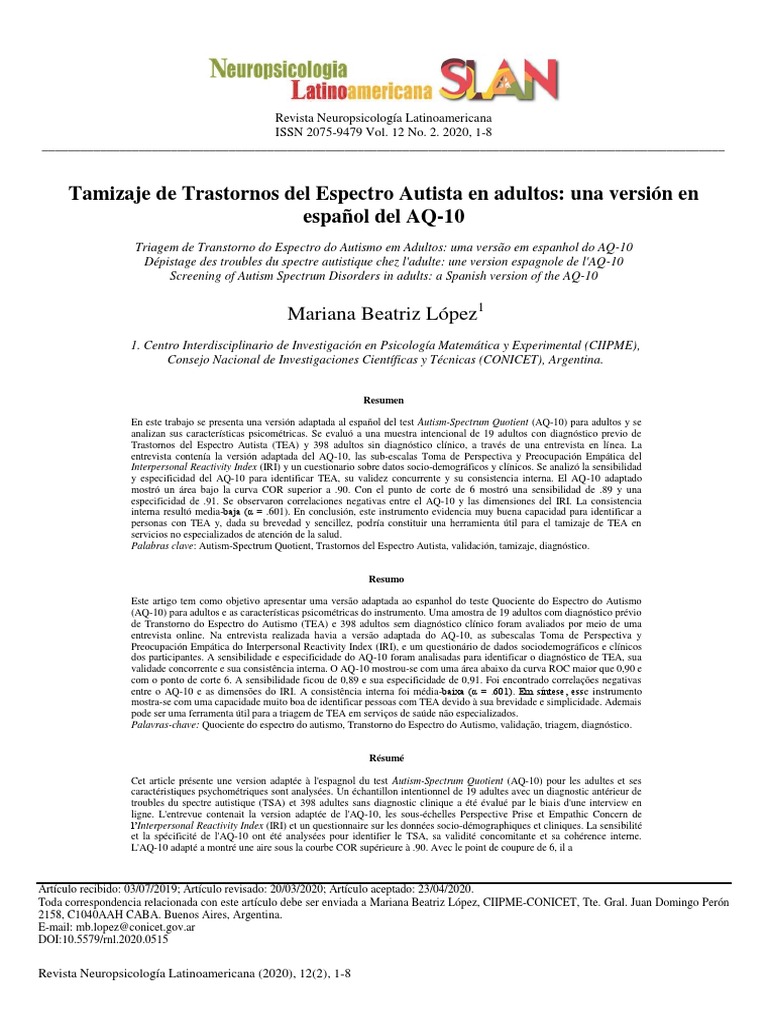 Tamizaje de Trastornos Del Espectro Autista en Adultos. Una Versión en Español Del AQ-10 | PDF ...
