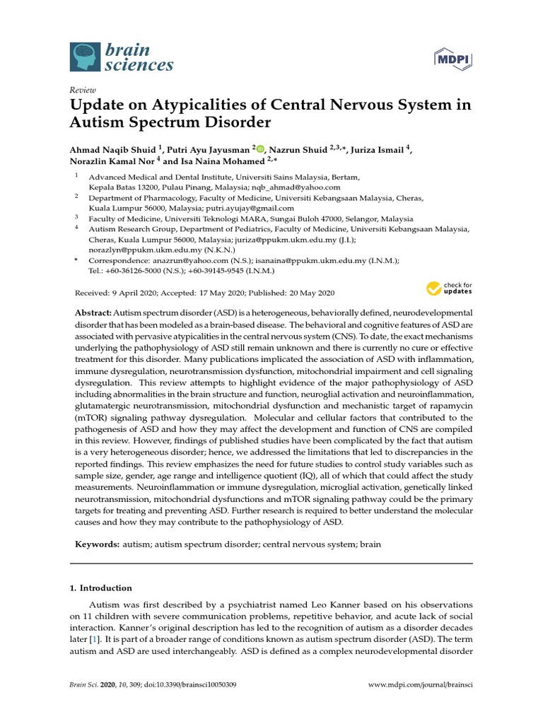 Update On Atypicalities Of Central Nervous System In Autism Spectrum Disorder Pdf Autism