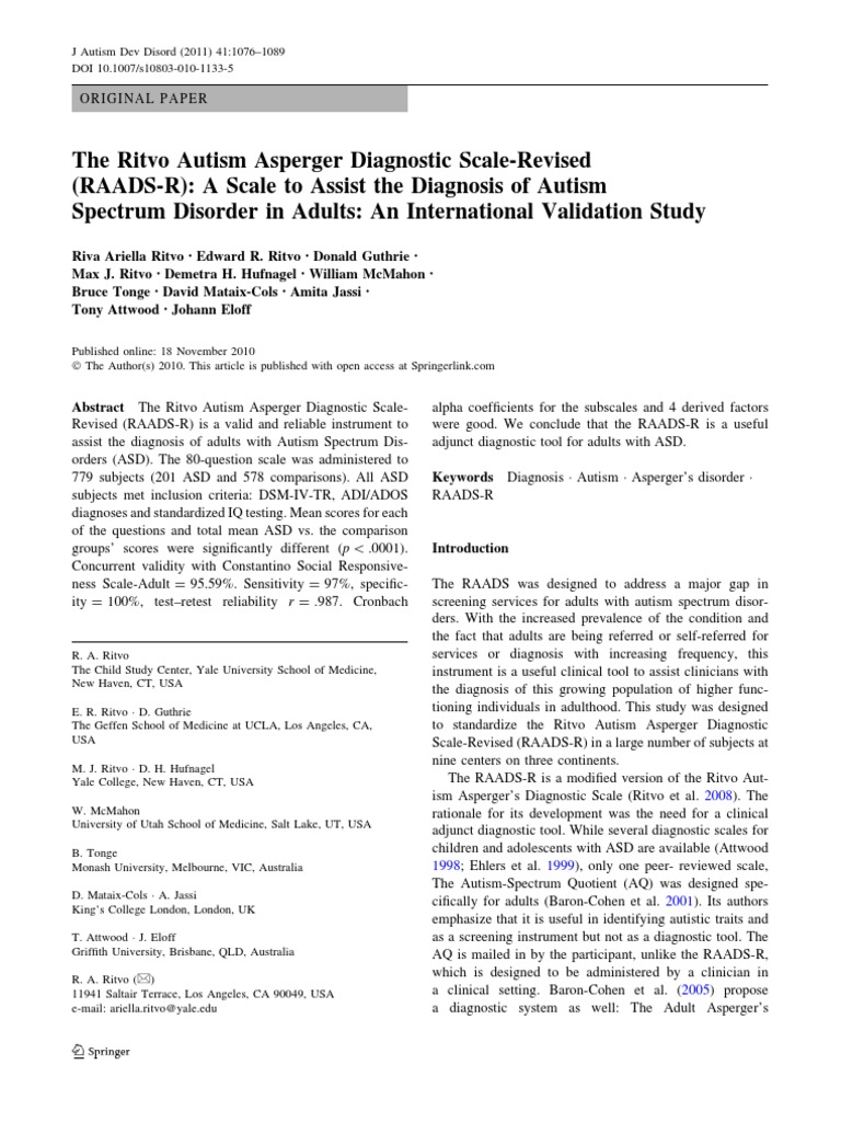 The Ritvo Autism Asperger Diagnostic Scale-Revised (RAADS-R) - A Scale ...