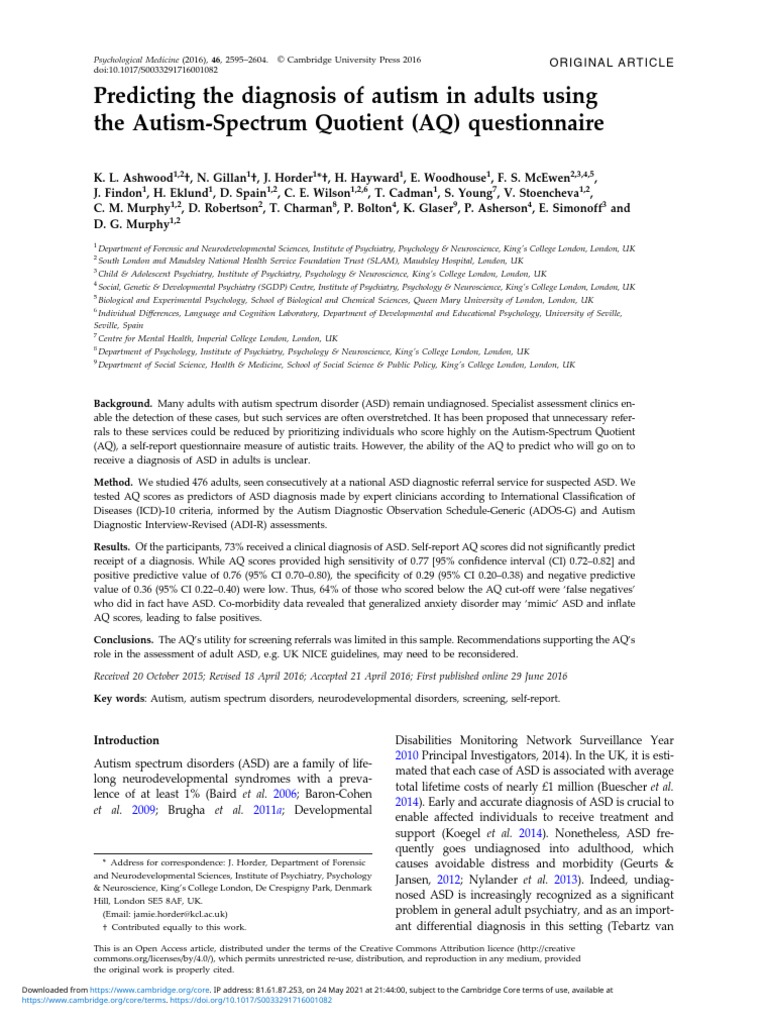 Predicting The Diagnosis of Autism in Adults Using The Autism Spectrum ...