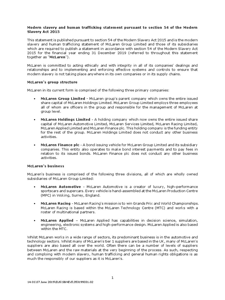 McLaren Group (All Other Subs) - Modern Slavery and Human Trafficking Statement - Year Ending ...