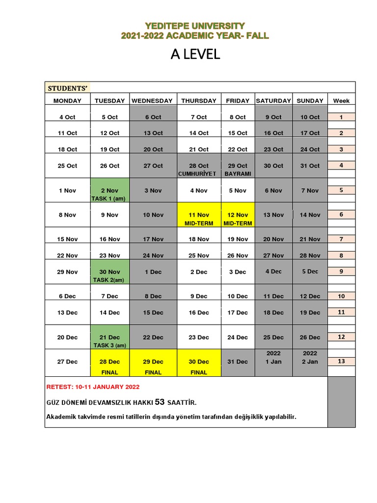 2021-2022 FALL Students' CALENDER | PDF